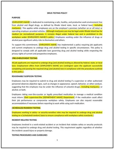 Drug testing policy (Rhode Island): Free template