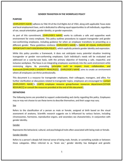 Gender transition in the workplace policy (Texas): Free template