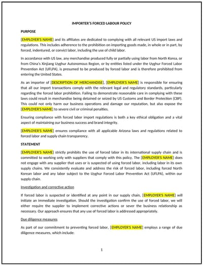 Importer's forced labour policy (Arizona): Free template