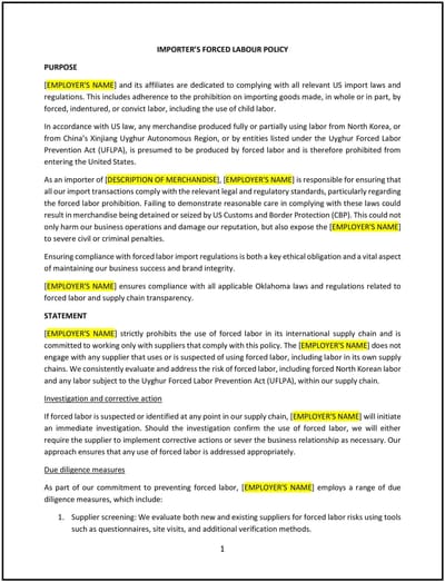 Importer’s forced labour policy (Oklahoma): Free template