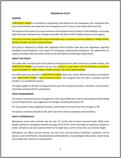 Menopause policy (North Carolina): Free template