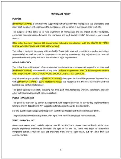 Menopause policy (Texas): Free template