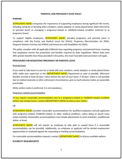 Parental and pregnancy leave policy (California): Free template