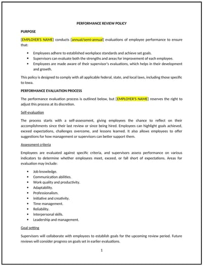 Performance review policy (Iowa): Free template