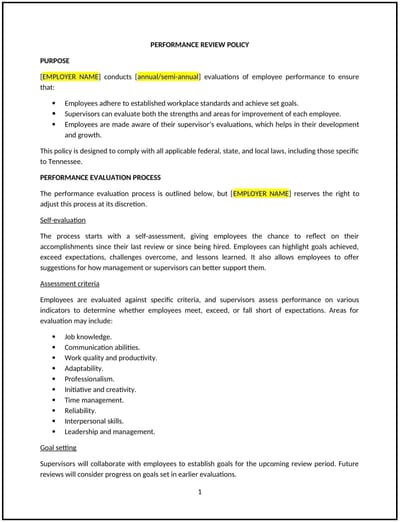 Performance review policy (Tennessee): Free template