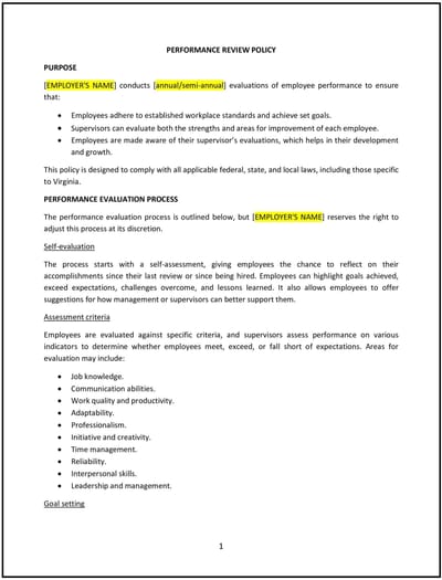 Performance review policy (Virginia): Free template