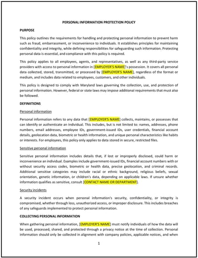 Personal information protection policy (Maryland): Free template