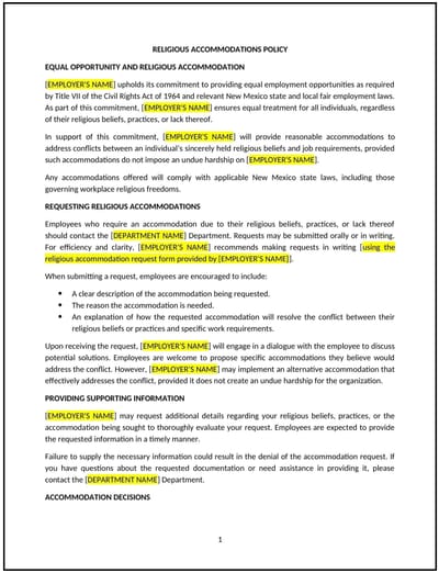 Religious accommodations policy (New Mexico): Free template