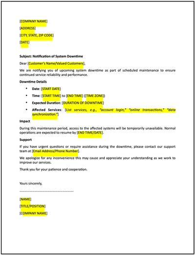 Letter of system downtime: Free template