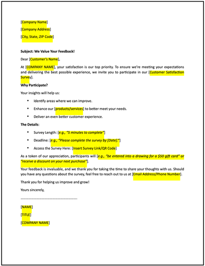 Customer satisfaction survey invitation letter: Free template