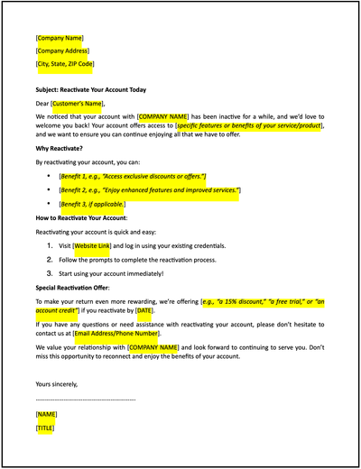 Notification letter of account inactivity with reactivation options ...