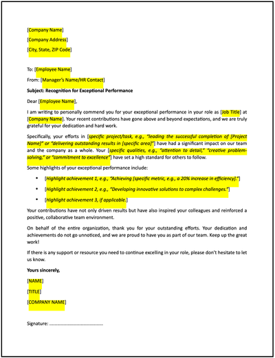 Recognition for exceptional performance letter: Free template