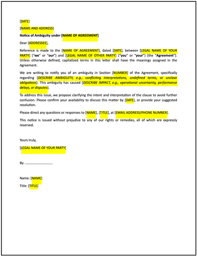 Letter of contract ambiguity: Free template