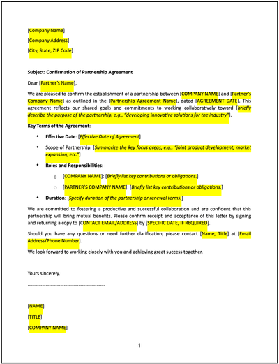 Letter confirming partnership agreement: Free template