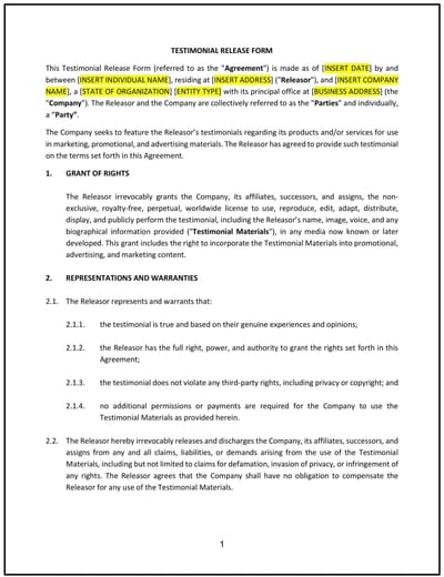 Testimonial Release Form (California): Free template