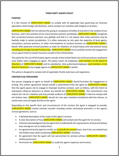 Third-party agents policy (Florida): Free template