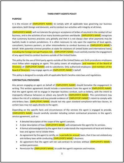 Third-party agents policy (North Carolina): Free template