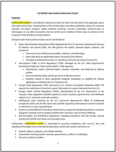 US export and trade compliance policy (Arizona): Free template