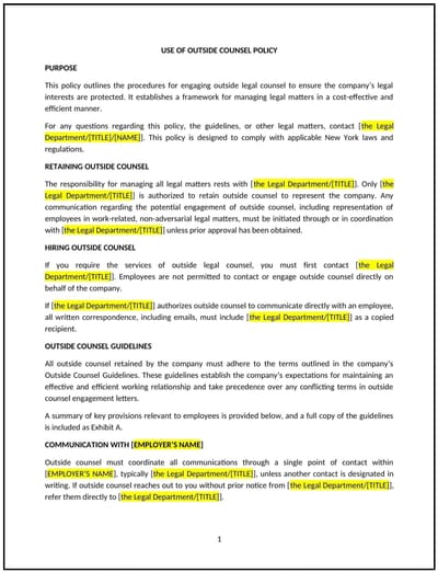 Use of outside counsel policy (New York): Free template