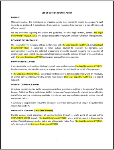 Use of outside counsel policy (Ohio): Free template