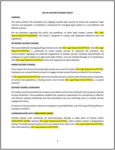 Use of outside counsel policy (Oklahoma): Free template