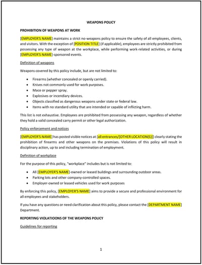 Weapons policy (Ohio): Free template