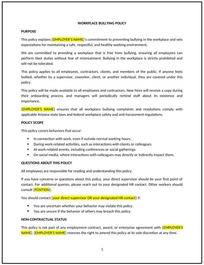 Workplace bullying policy (Arizona): Free template