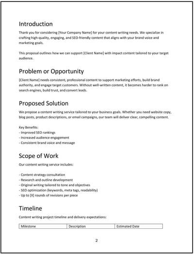 Content writing proposal: Free template
