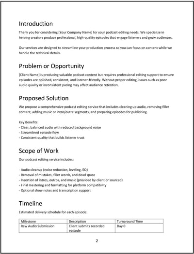 Podcast editing proposal: Free template