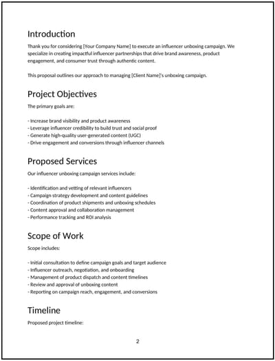 Influencer unboxing campaign proposal: Free template