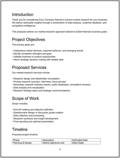 Market research proposal: Free template