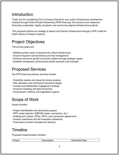 Public infrastructure PPP financing proposal: Free template