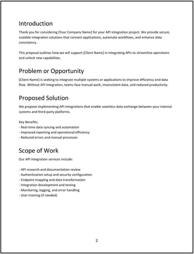 API integration proposal: Free template