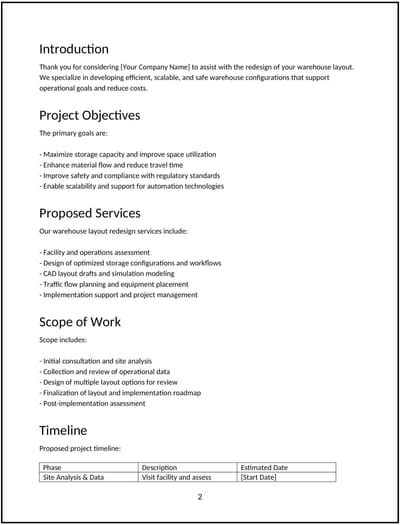 Warehouse layout redesign proposal: Free template