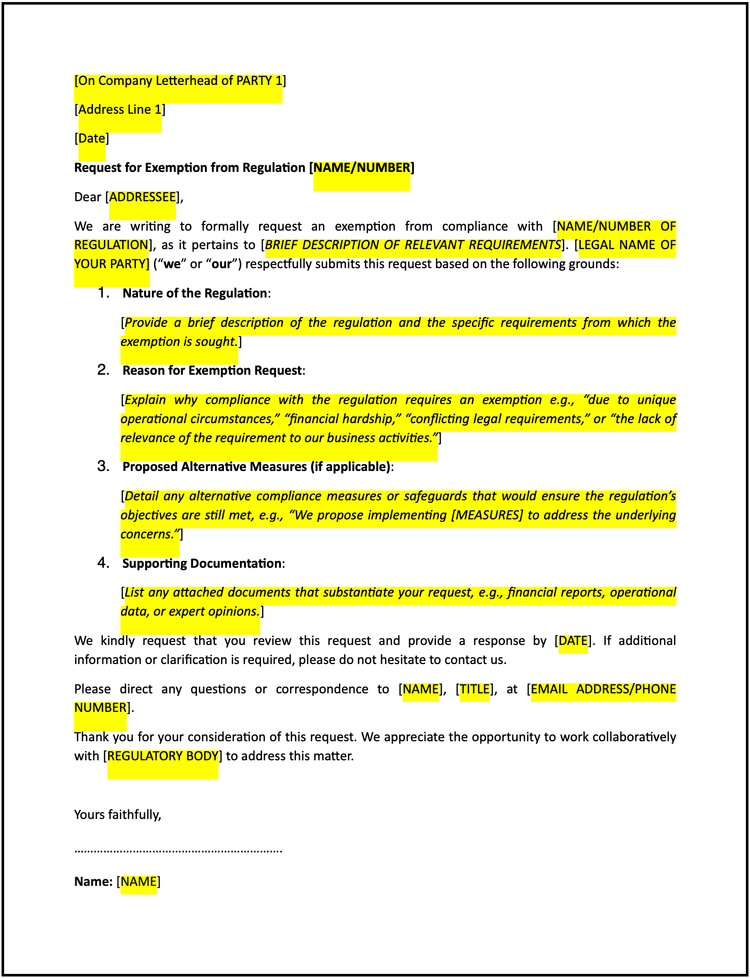 Request for exemption from a regulation letter: Free template