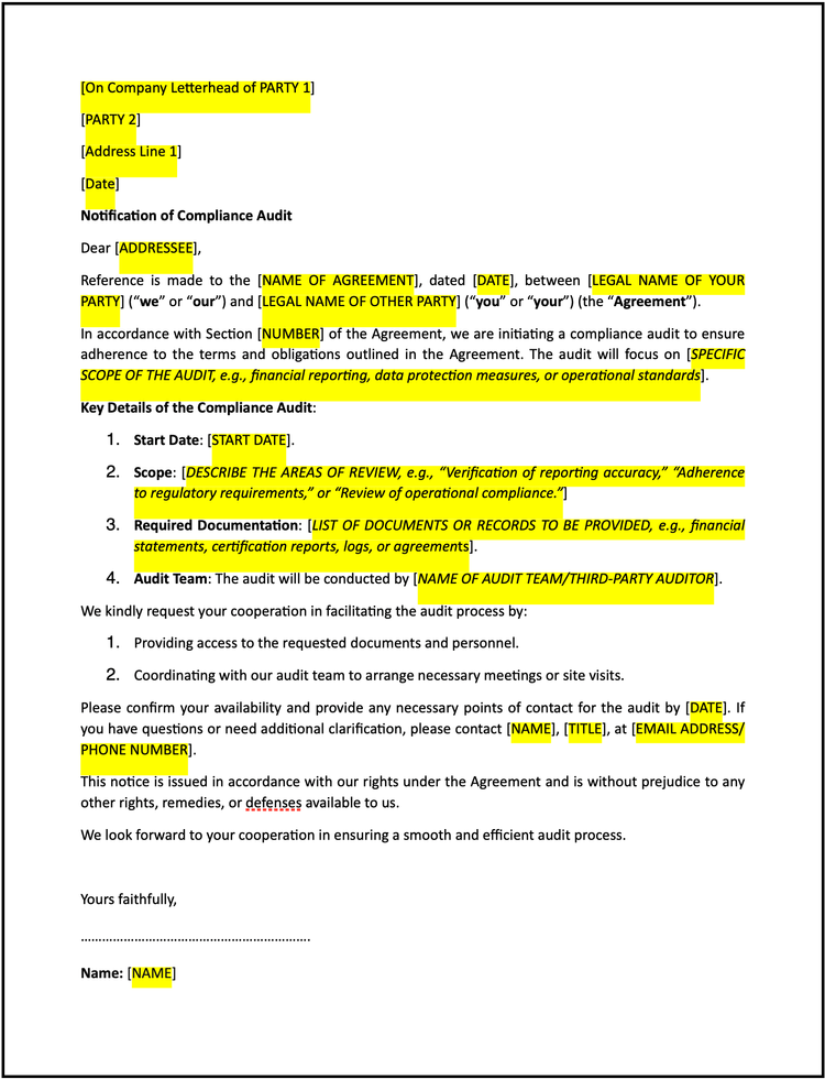 Notification letter of starting a compliance audit: Free template