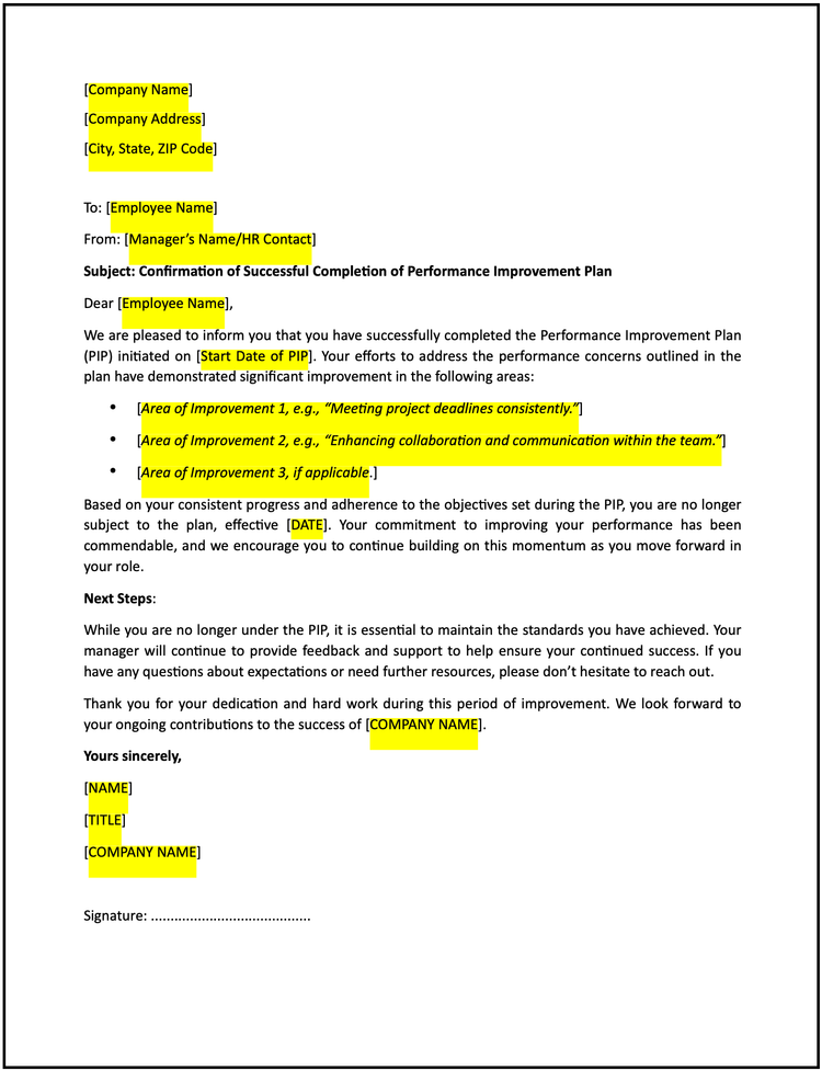 Letter confirming removal from PIP after improvement: Free template