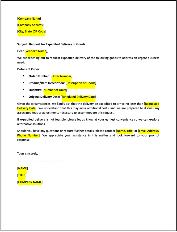 Letter of request for expedited delivery of goods: Free template