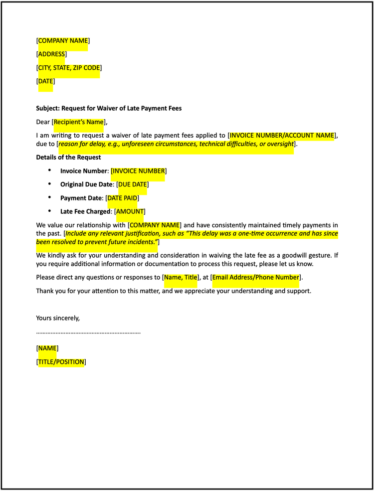 Letter of request for waiver of late payment fees: Free template