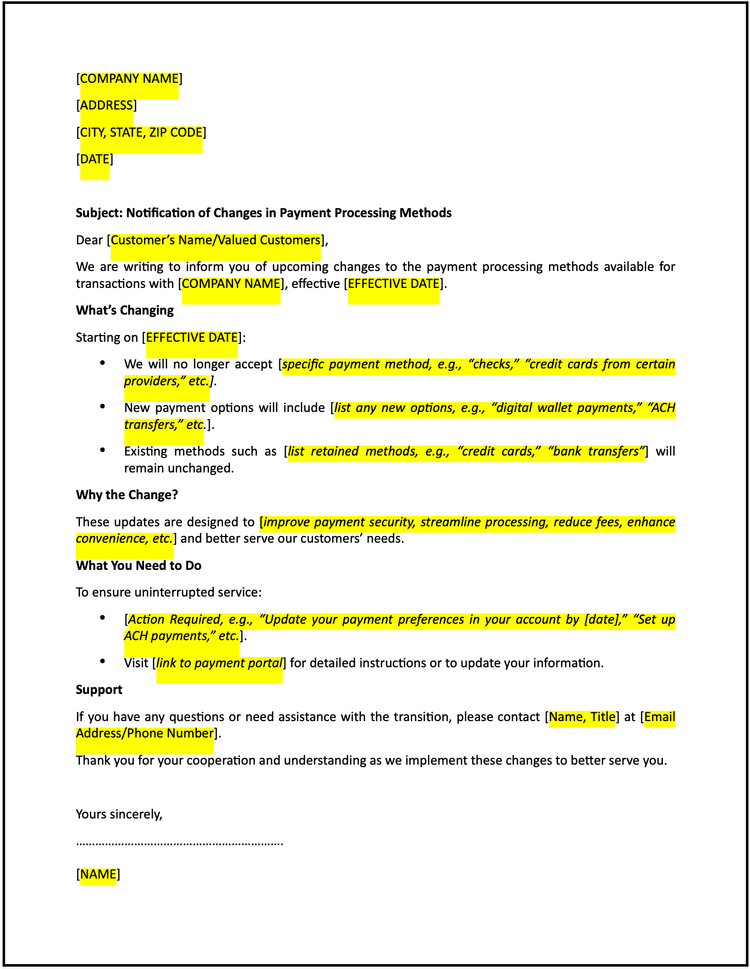 Letter of changes in payment processing methods: Free template