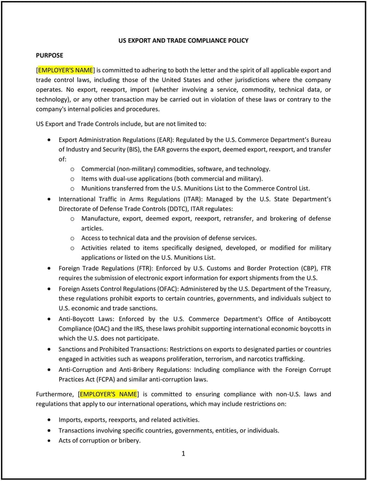 US export and trade compliance policy (Alaska): Free template