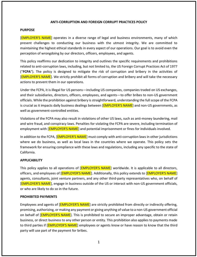 Anti-corruption and foreign corrupt practices policy (California): Free ...
