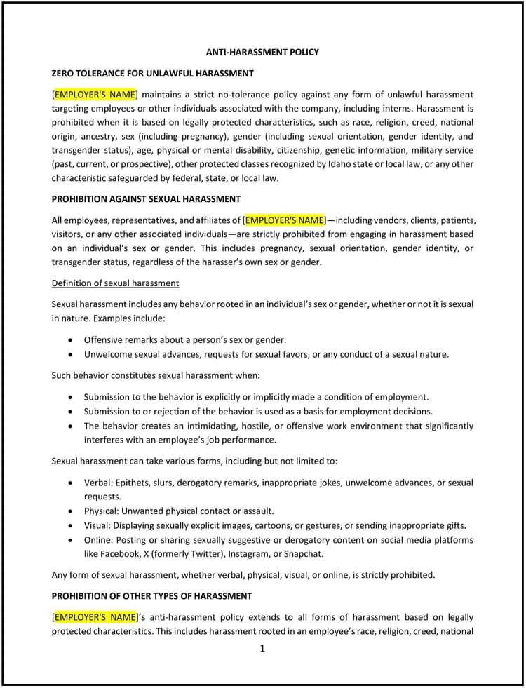 Anti-harassment policy (Idaho): Free template