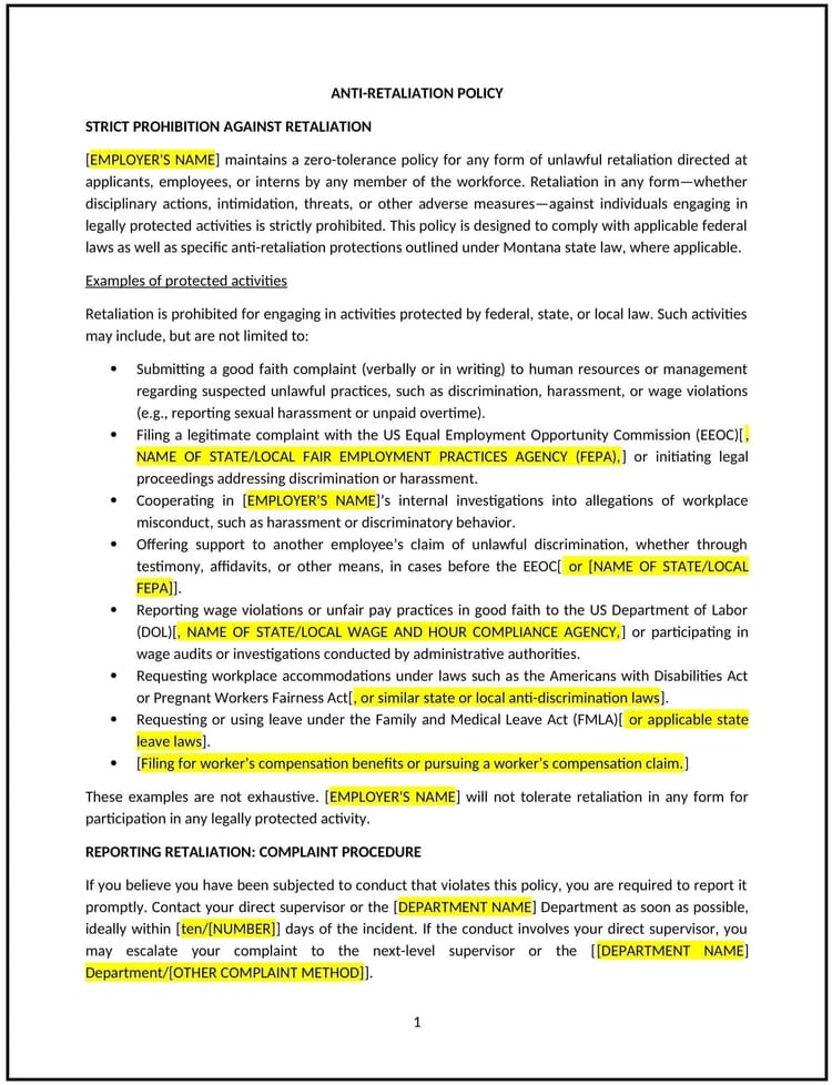Anti-retaliation policy (Montana): Free template