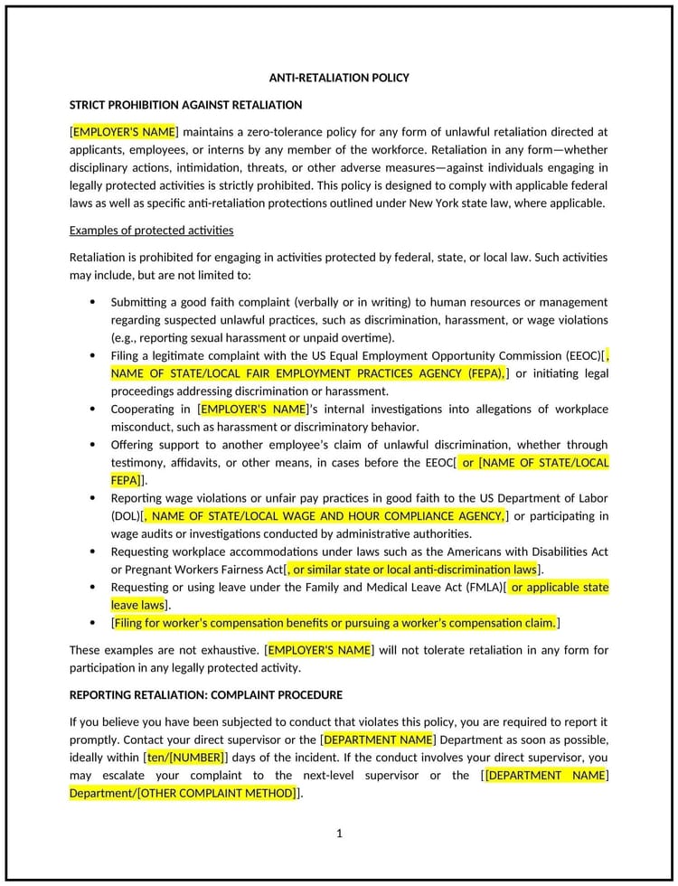 Anti-retaliation policy (New York): Free template