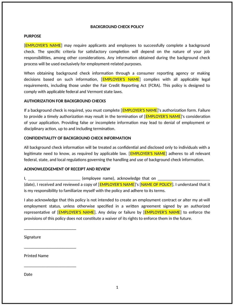 Background check policy (Vermont): Free template