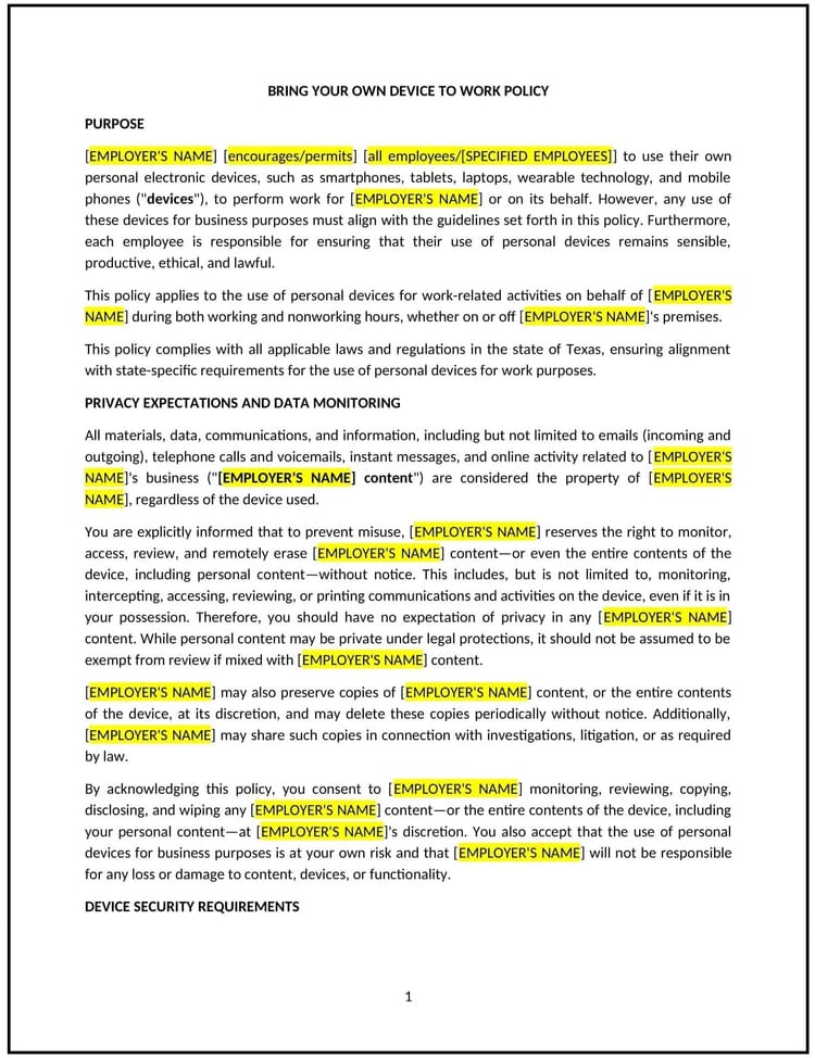 Bring your own device (BYOD) policy (Texas): Free template