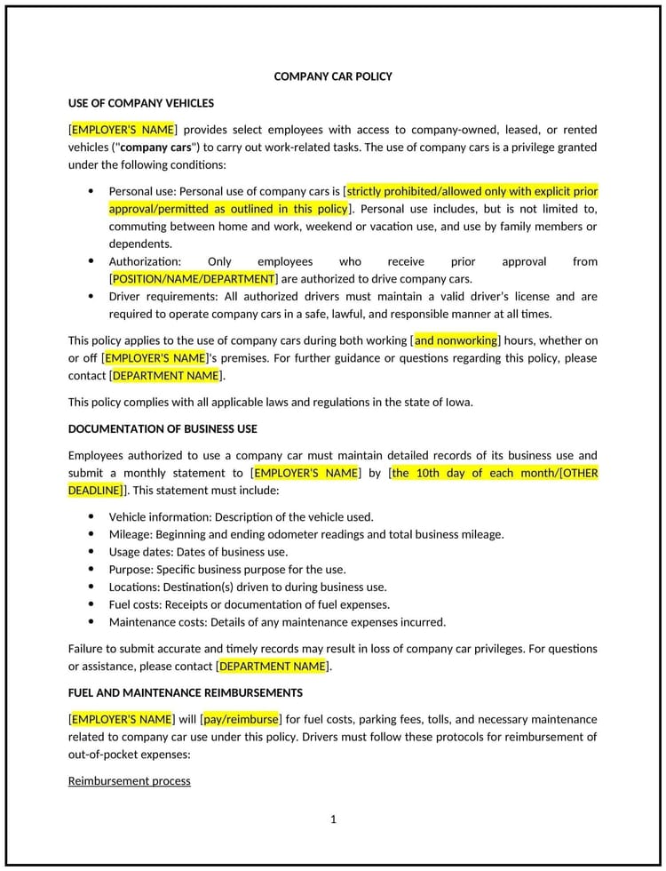 Company car policy (Iowa): Free template