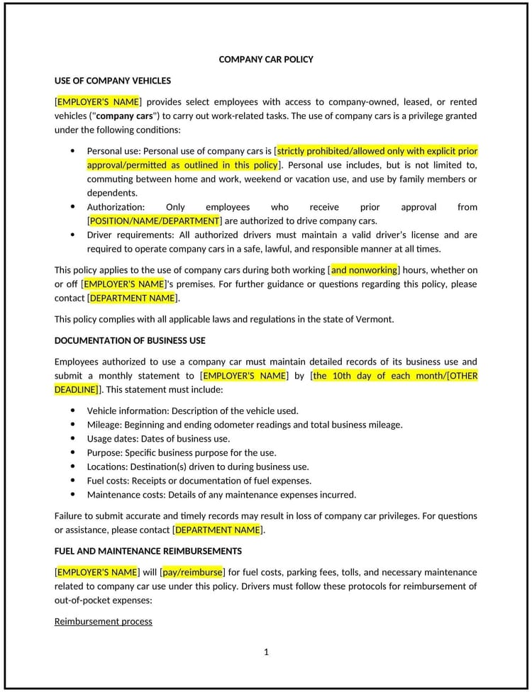 Company car policy (Vermont): Free template