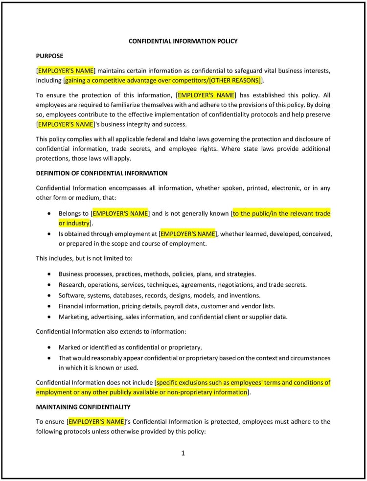 Confidential information policy (Idaho): Free template